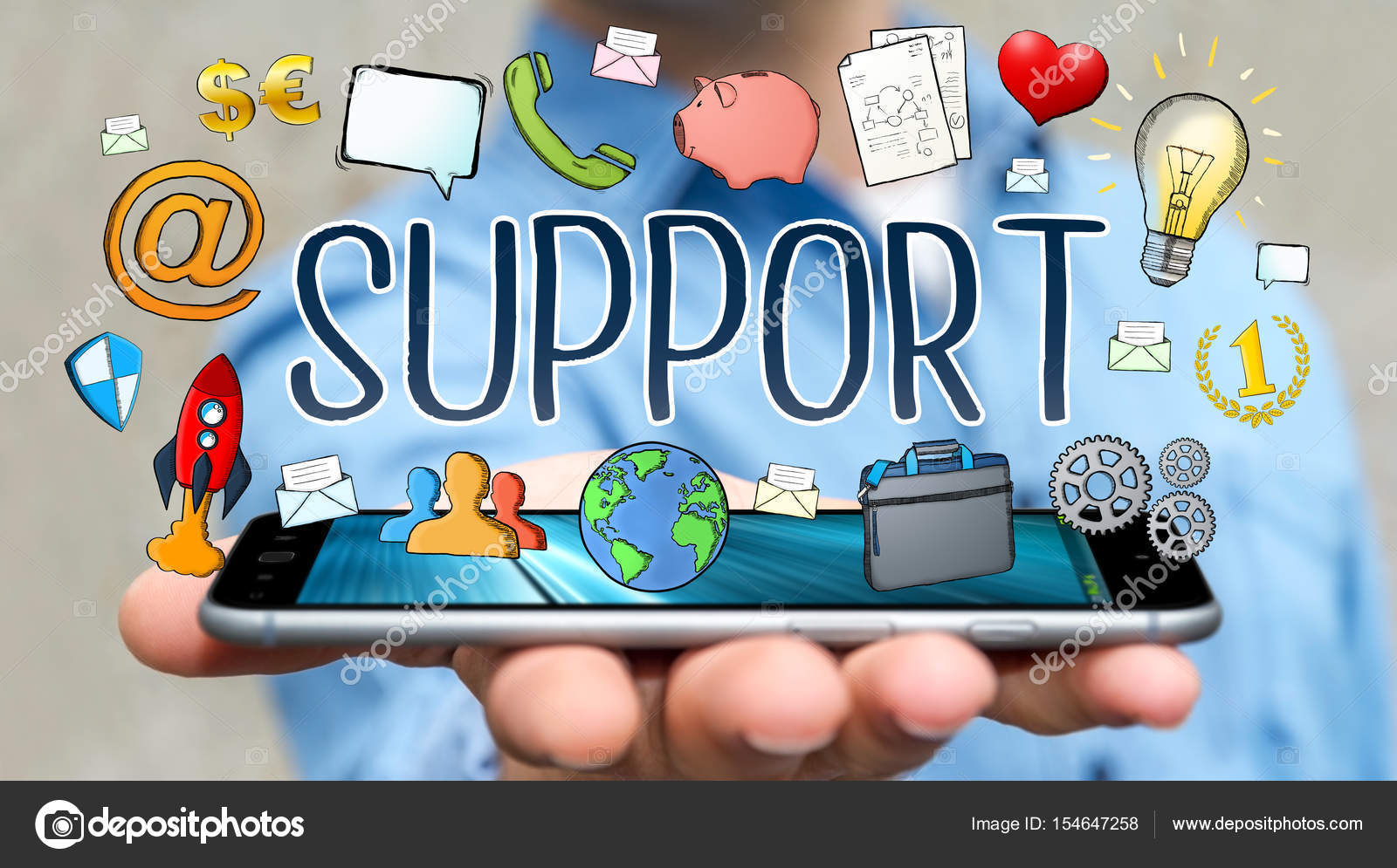 Businessman using hand-drawn support text presentation — Stock Photo ...