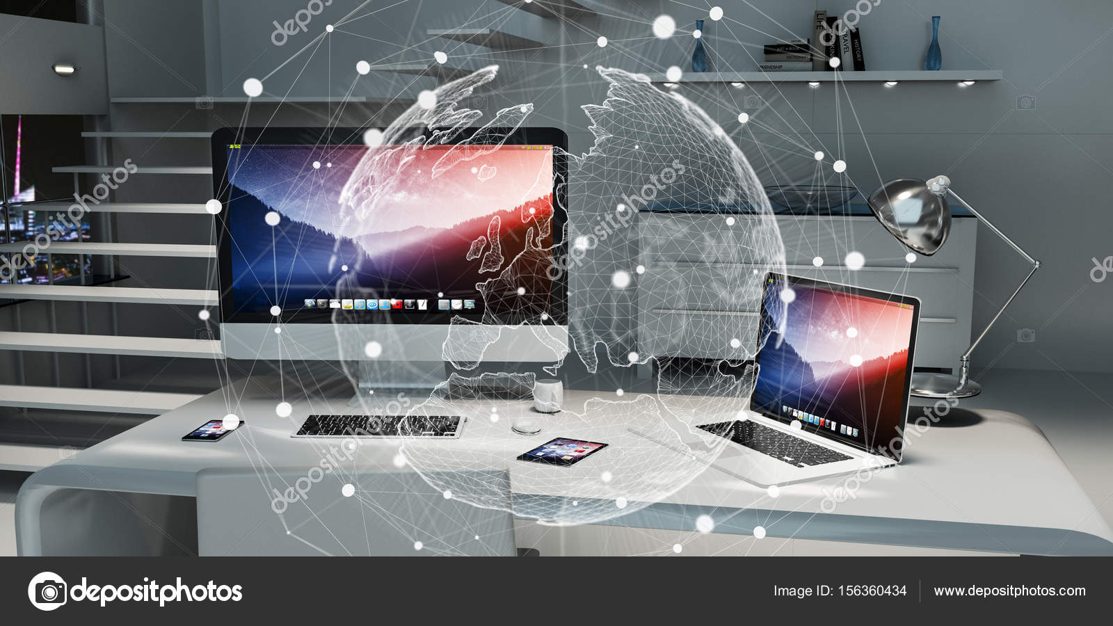 Digital planet Earth floating in office 3D rendering Stock Photo by ...