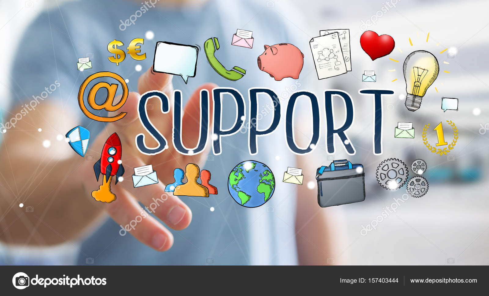Businessman using hand-drawn support text presentation — Stock Photo ...