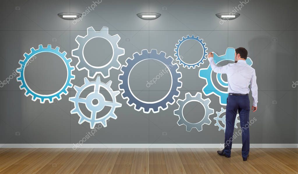 Empresario dibujo engranajes boceto en una pared representación 3D 2023