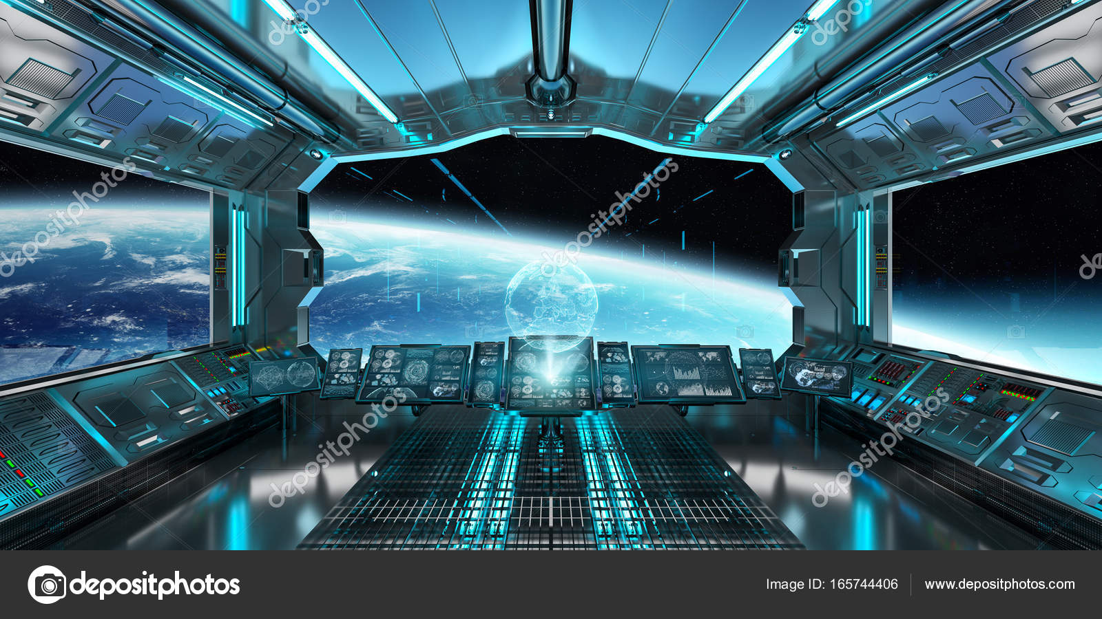Spaceship interior with view on the planet Earth 3D rendering el Stock ...