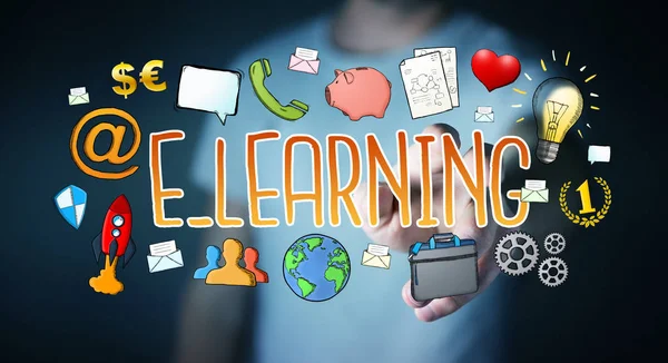 Empresario tocando presentación de e-learning dibujado a mano 2023