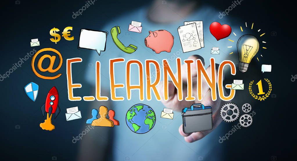 Empresario tocando presentación de e-learning dibujado a mano 2023