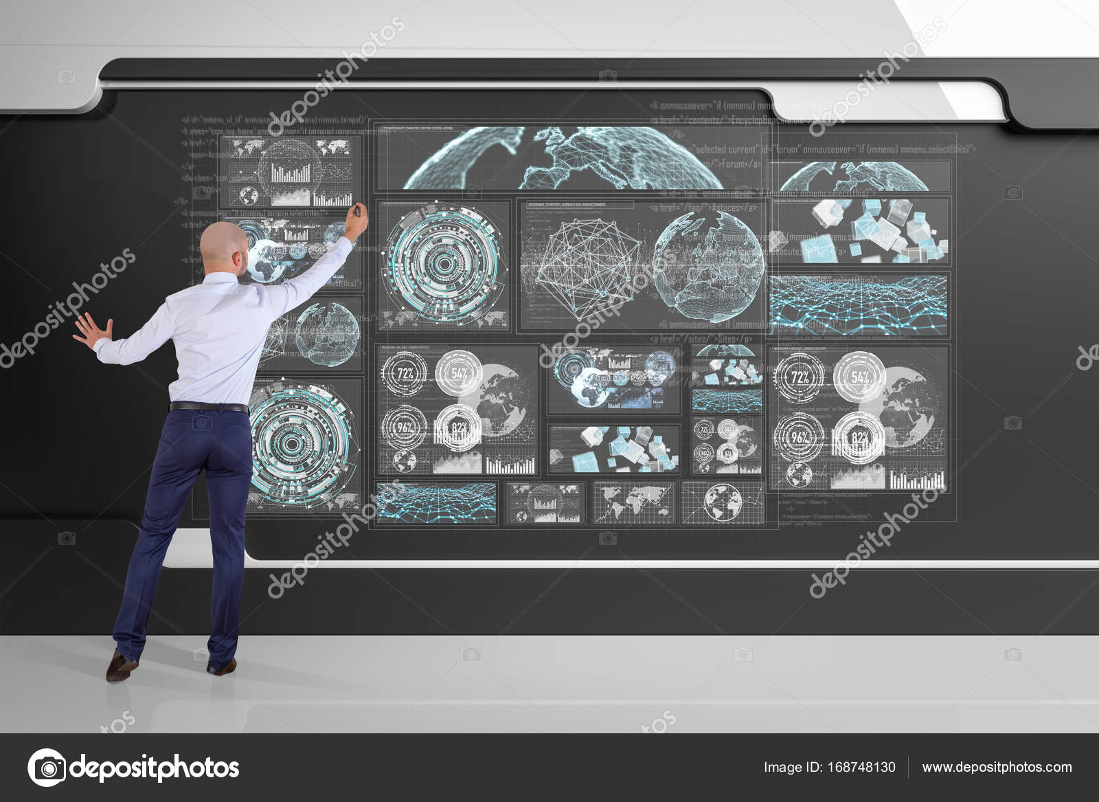 Businessman using graph screens interface on a board 3D renderin Stock ...