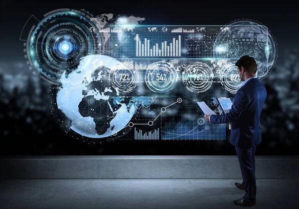 Businessman watching graph screens interface on a rooftop 3D ren ...