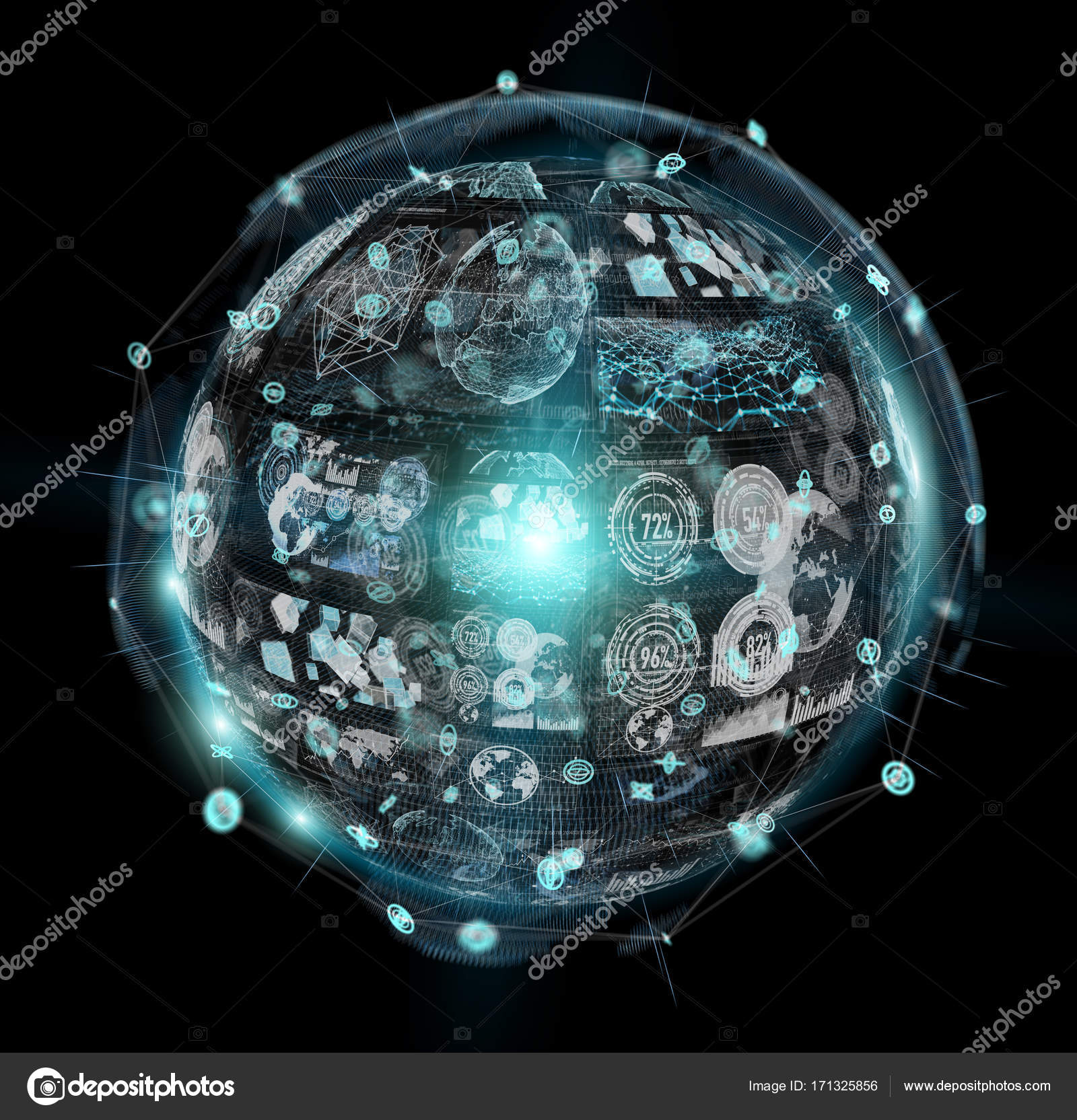 Données hologrammes sphère numérique rendu 3D image libre de droit par sdecoret © #171325856