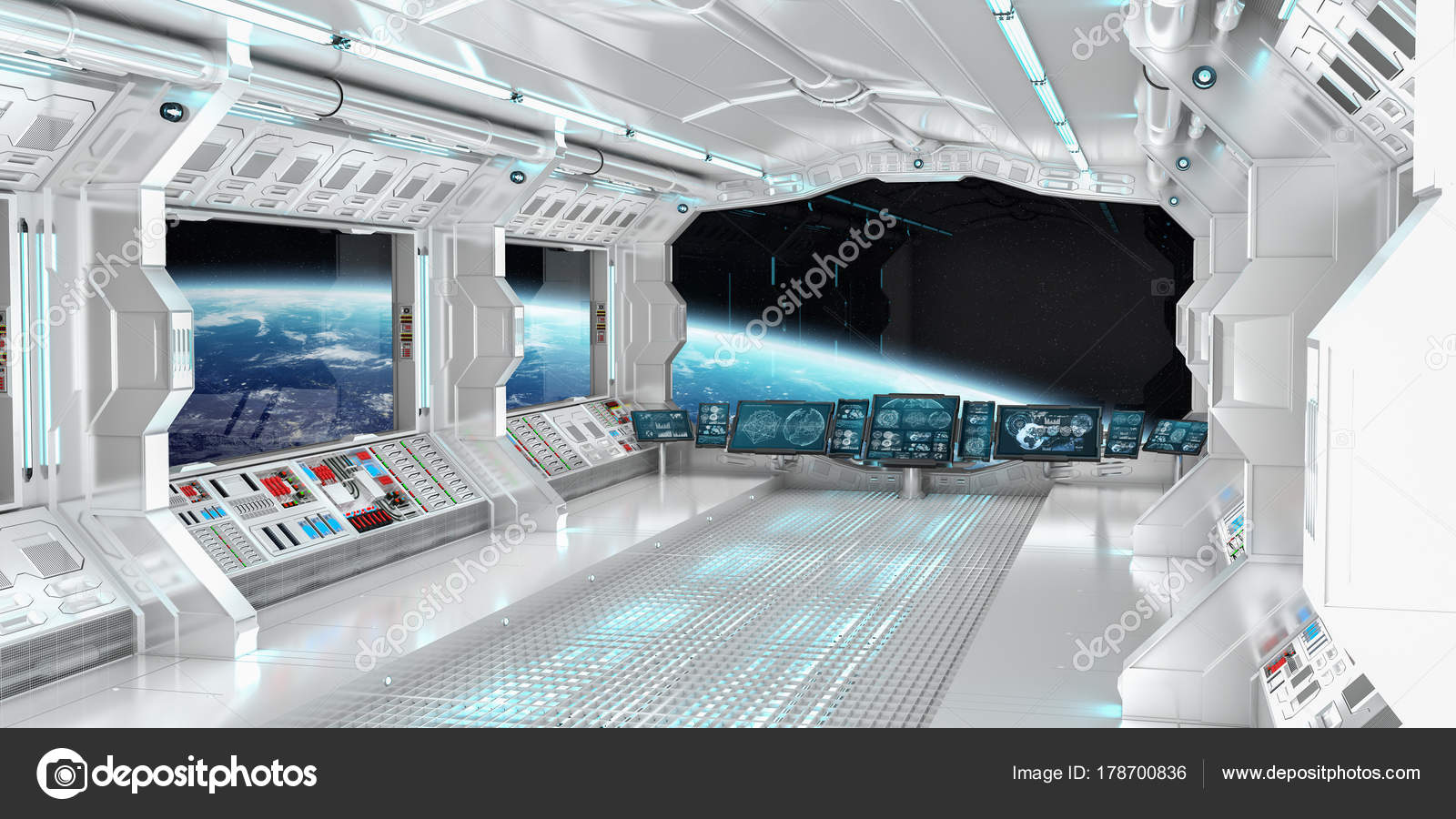 Spaceship interior with view on the planet Earth 3D rendering el Stock ...
