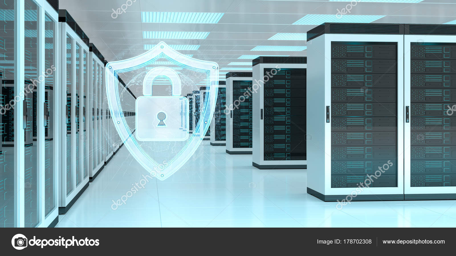 Firewall activated on server room data center 3D rendering — Stock ...