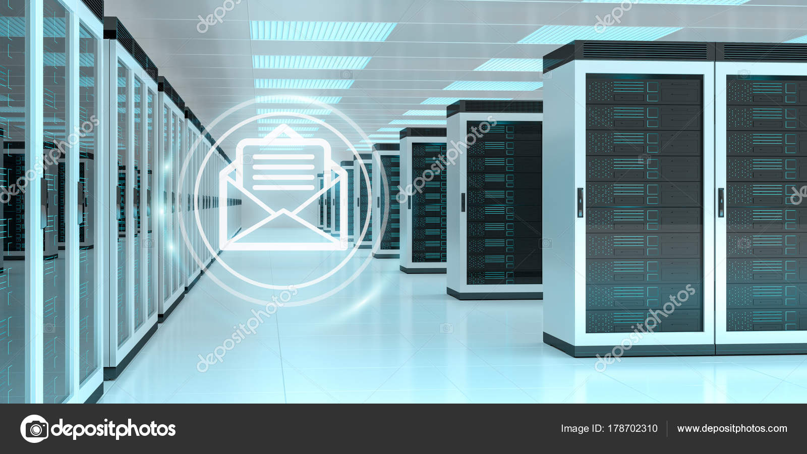 Emails exchange over server room data center 3D rendering — Stock Photo ...