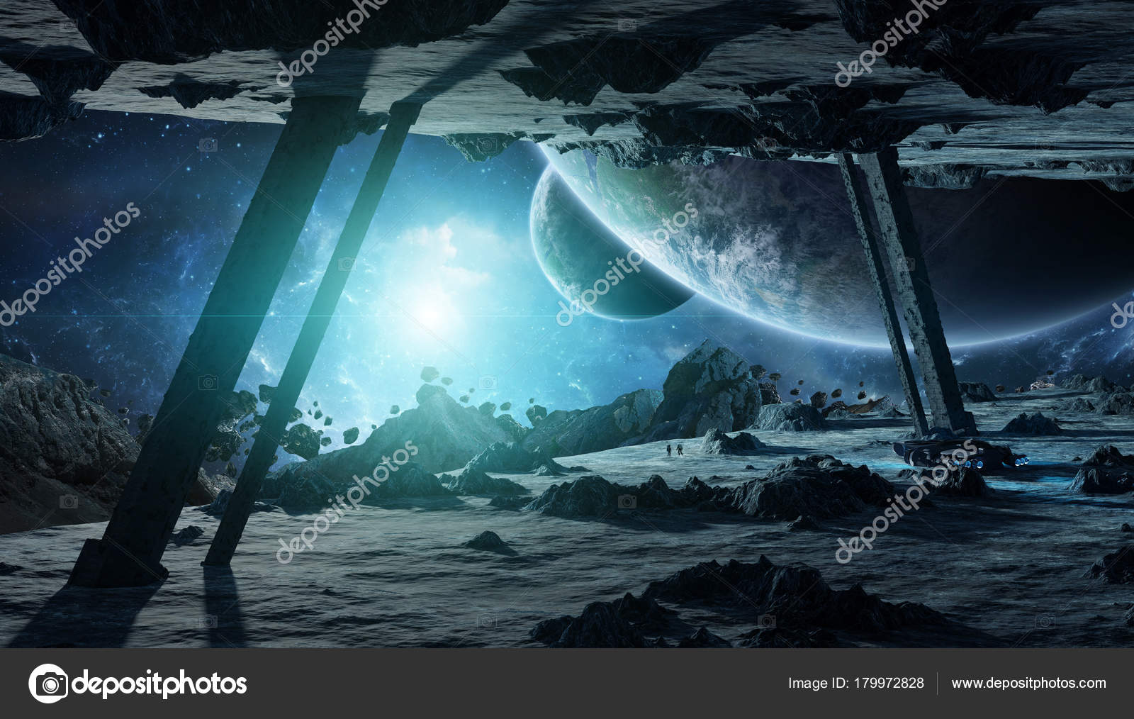 Astronauts exploring an asteroid spaceship 3D rendering elements Stock Photo by ©sdecoret 179972828