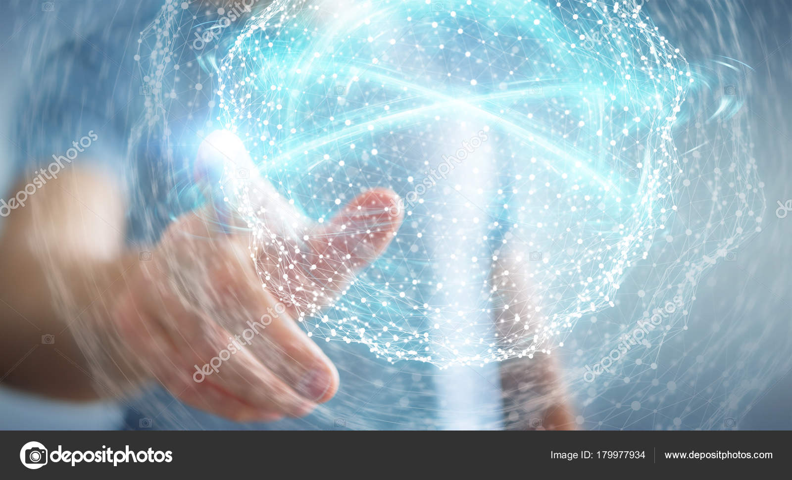 Businessman using digital network connection sphere 3D rendering Stock ...