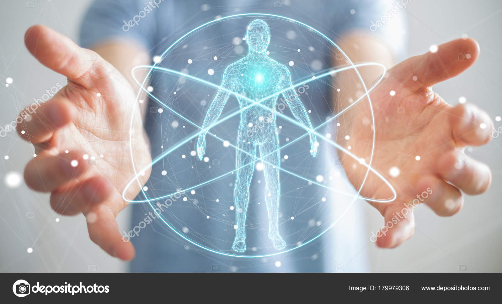 Businessman using digital x-ray human body scan interface 3D ren ...
