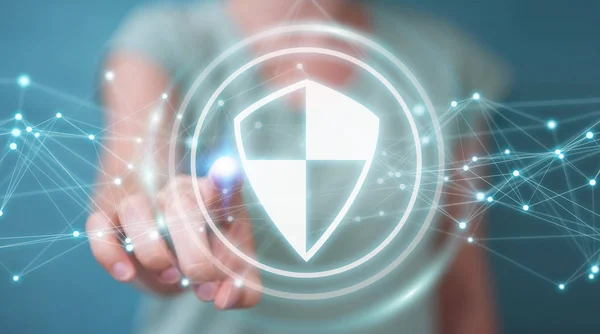 Businesswoman using shield safe protection with connections 3D r ...
