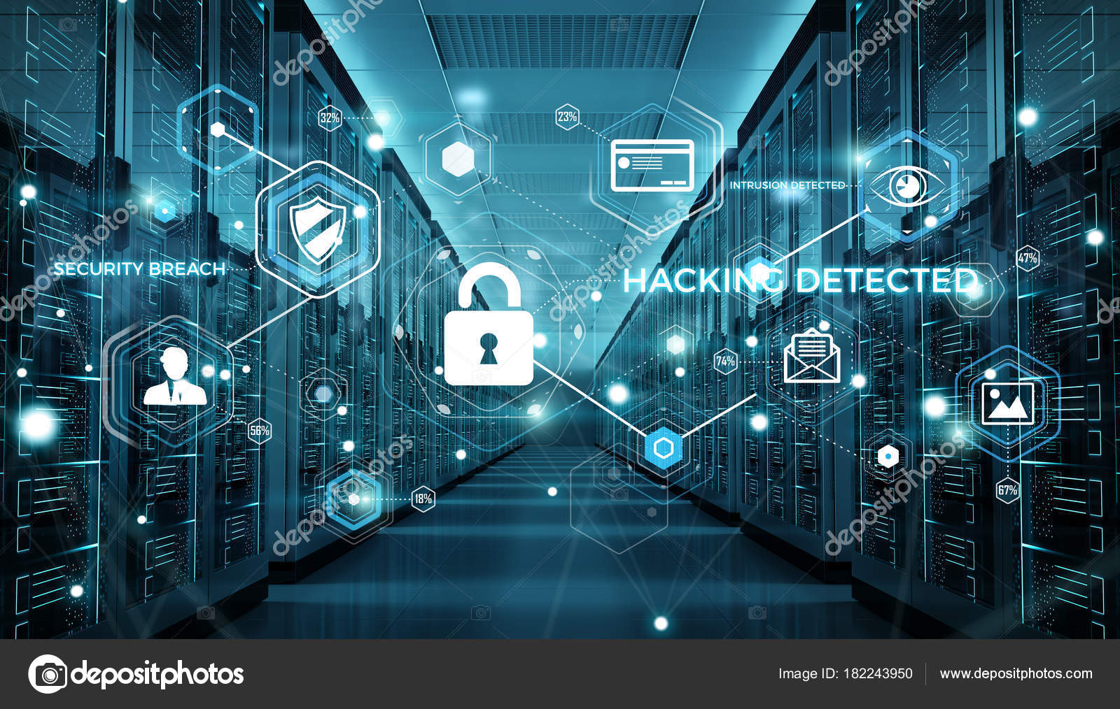 Firewall activated on server room data center 3D rendering — Stock ...