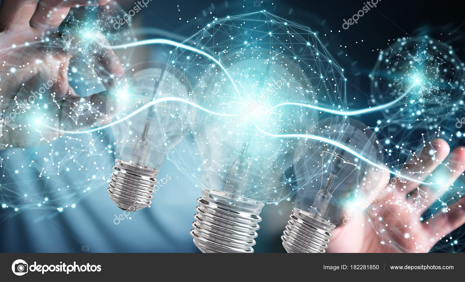 Businessman connecting modern lightbulbs with connections 3D ren ...