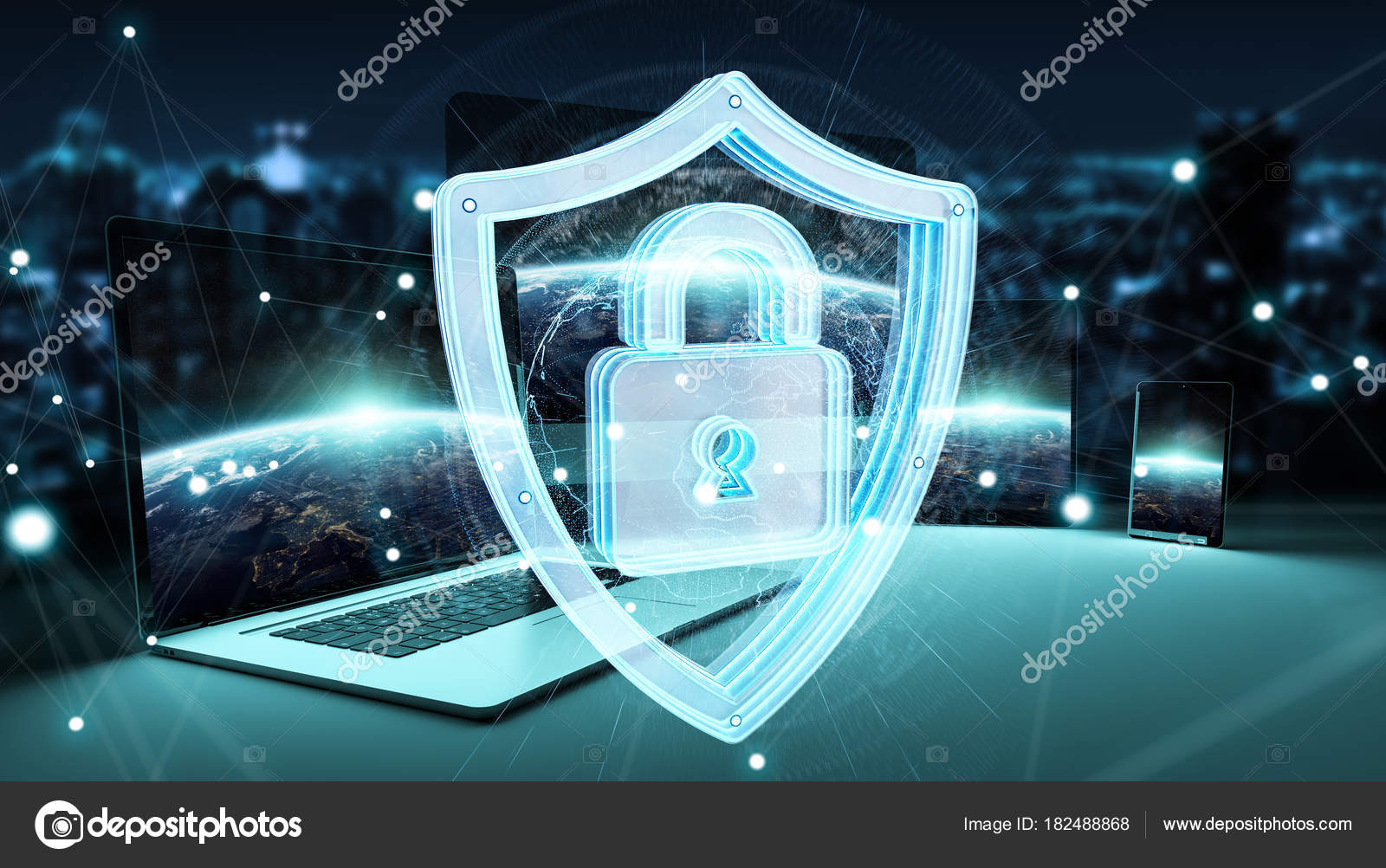 Antivirus interface over modern tech devices 3D rendering Stock Photo ...
