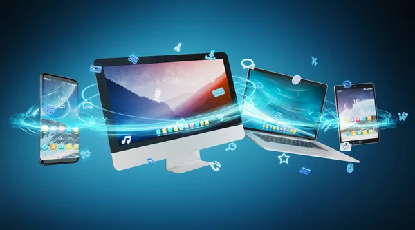 Tech devices and icons applications connected 3D rendering - Stock ...