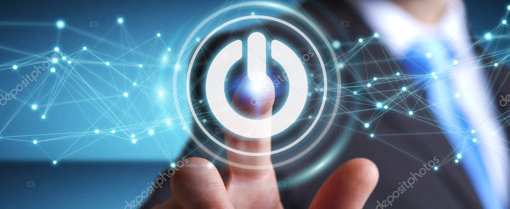 Empresario que utiliza el botón de encendido de renderizado 3D con conexiones 2022