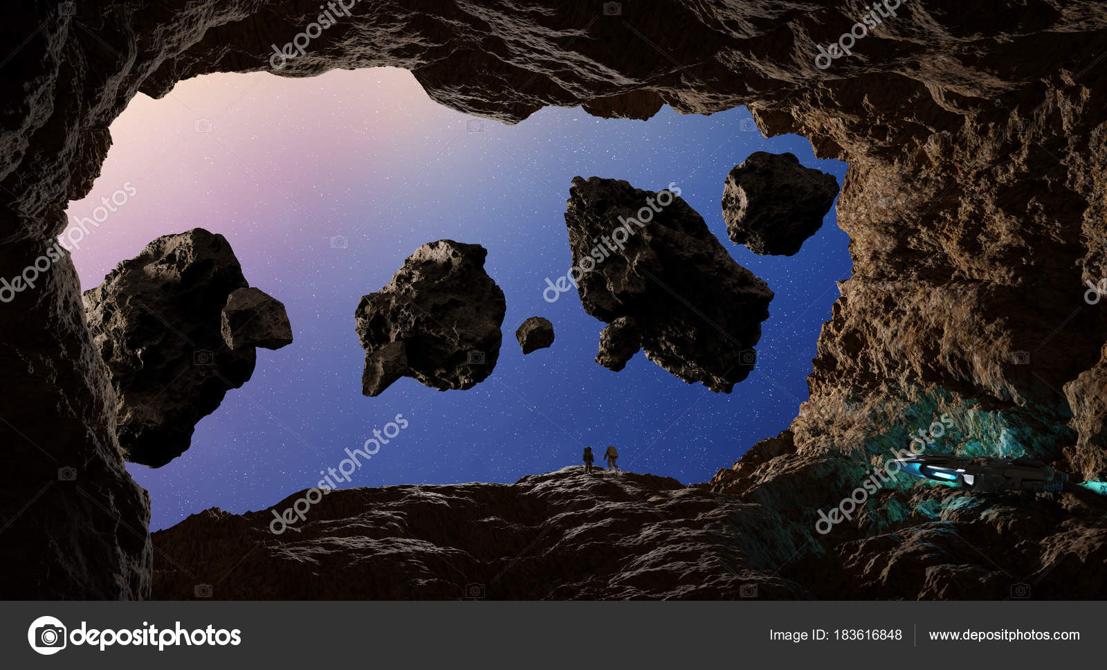 Astronauts exploring a cave in asteroid 3D rendering elements of — Stock Photo © sdecoret #183616848