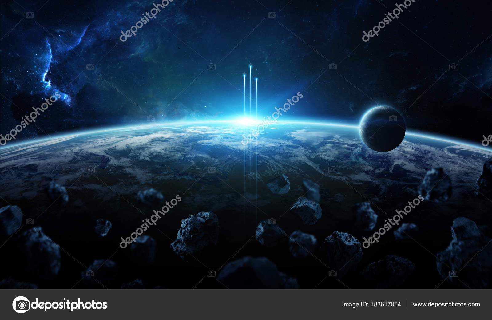 Distant planet system in space with exoplanets 3D rendering elem ...