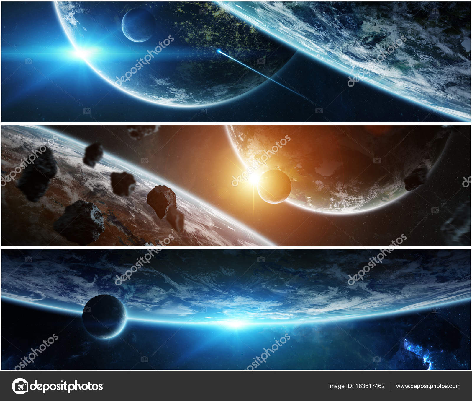 Panorama of distant planet system in space 3D rendering elements ...