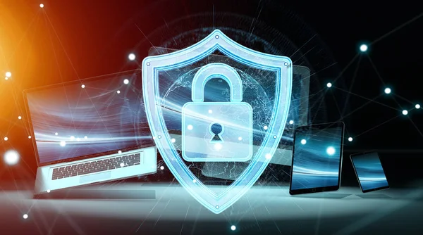 Antivirus interface over modern tech devices 3D rendering Stock Photo ...