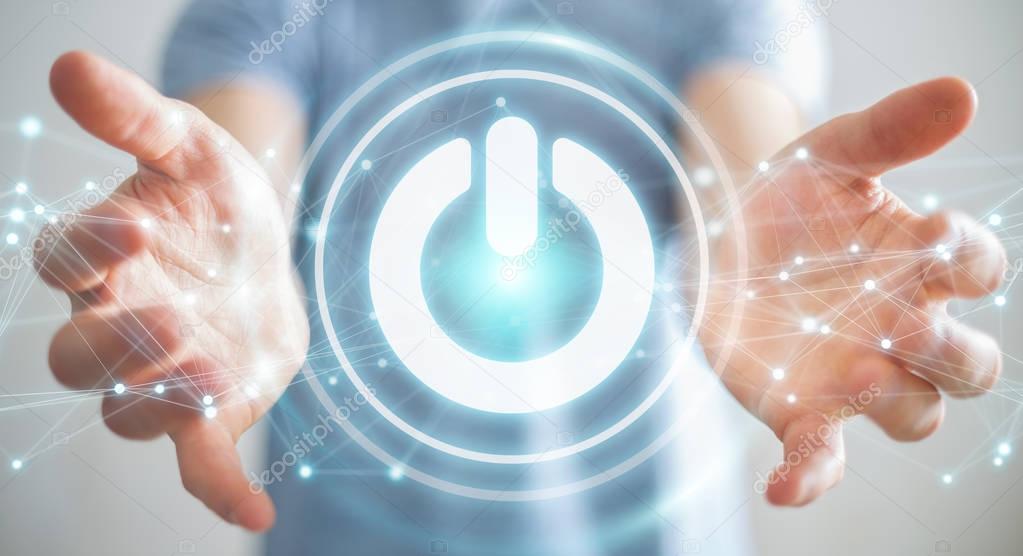 Empresario que utiliza el bot n de encendido de renderizado 3D con conexiones 2024