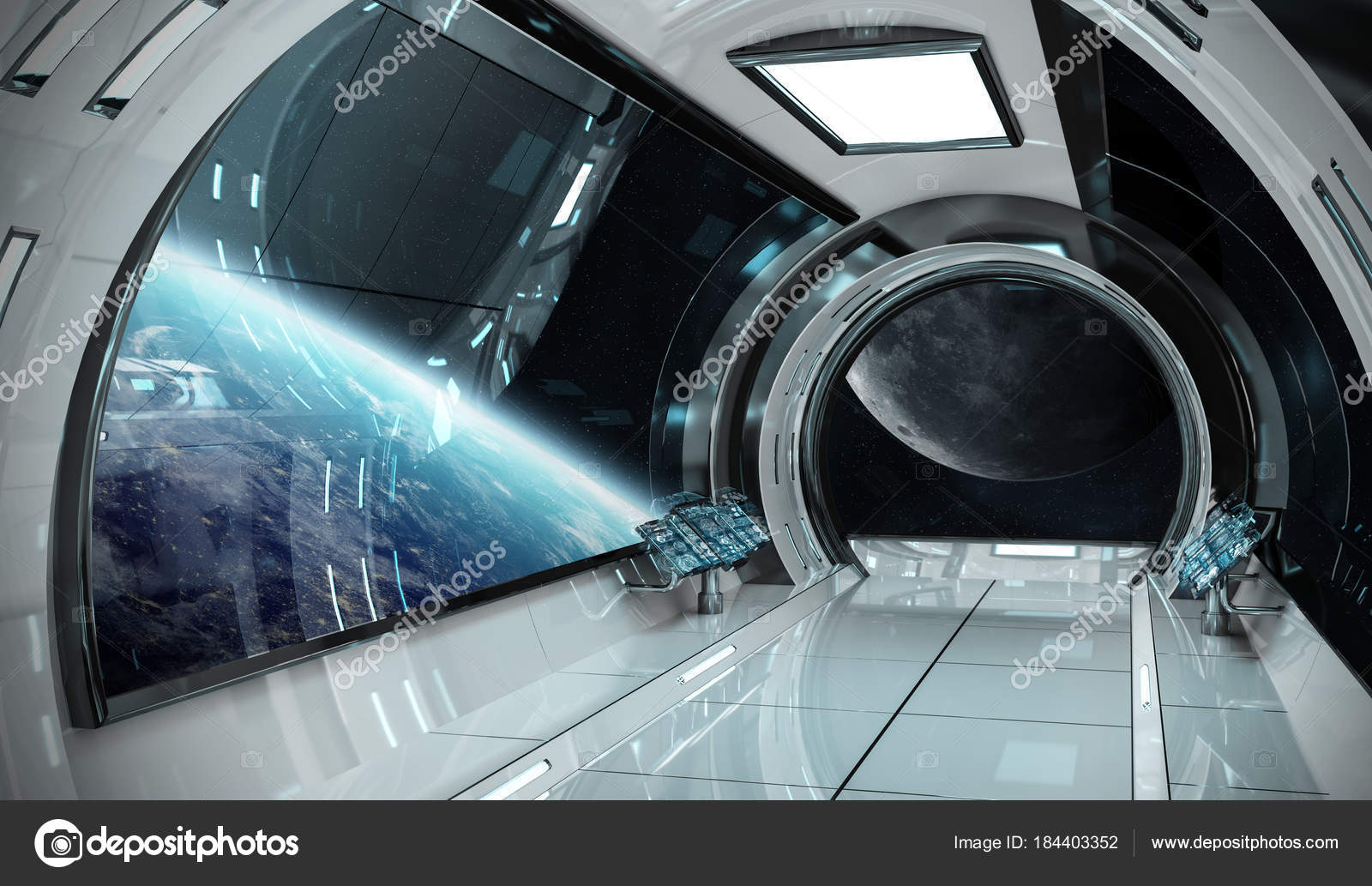 Spaceship interior with view on Earth 3D rendering elements of t ...