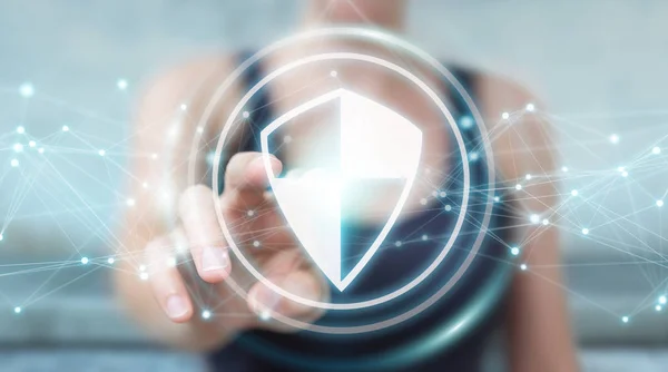 Businesswoman using shield safe protection with connections 3D r ...