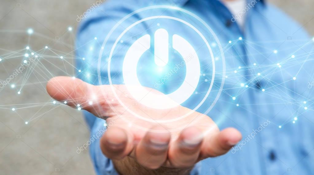 Empresario que utiliza el bot n de encendido de renderizado 3D con conexiones 2024