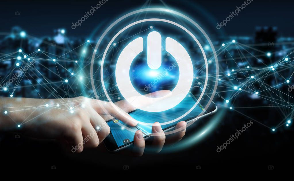 Empresario que utiliza el botón de encendido de renderizado 3D con conexiones 2023