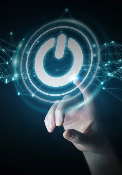 Empresario que utiliza el botón de encendido de renderizado 3D con conexiones 2023