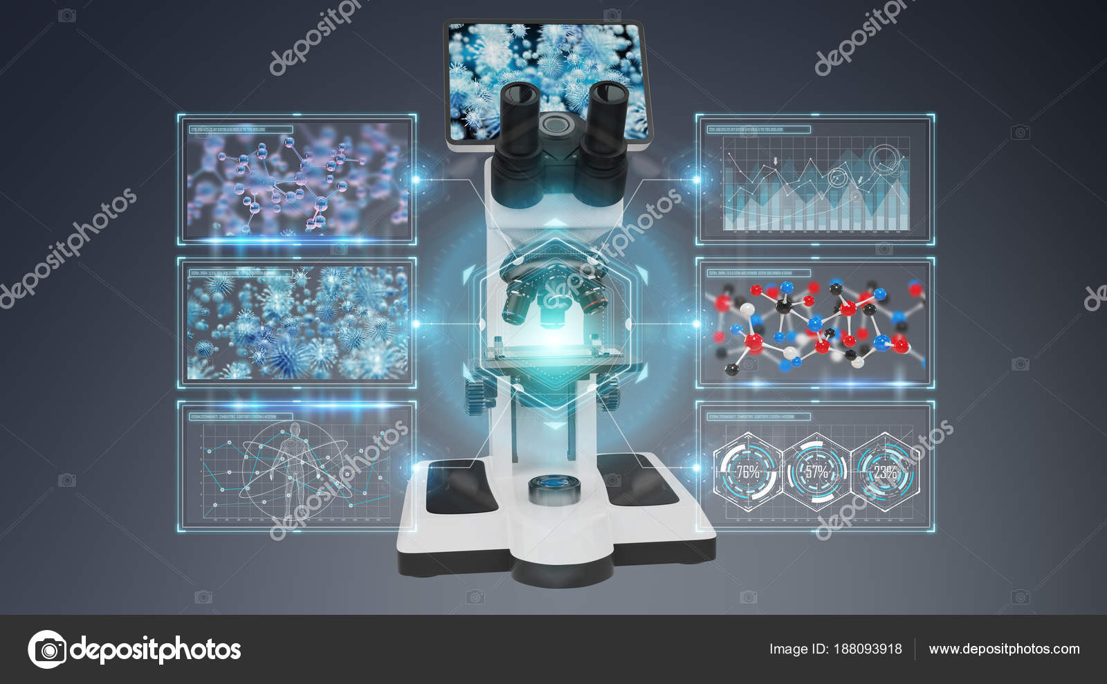 Modern digital microscope with screen analysis 3D rendering Stock Photo ...