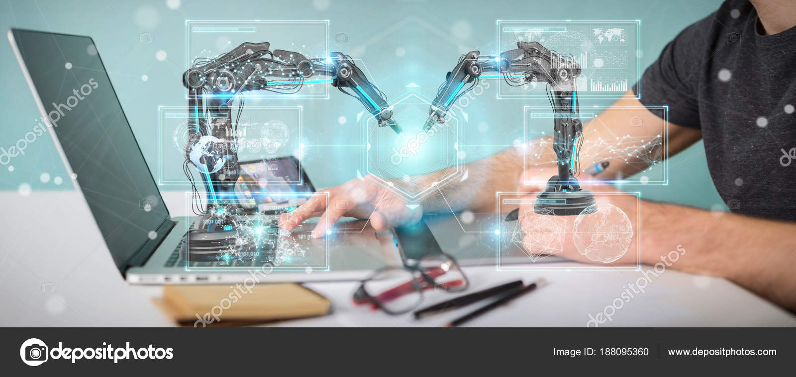 Graphic designer using robotics arms with digital screen 3D rend Stock ...