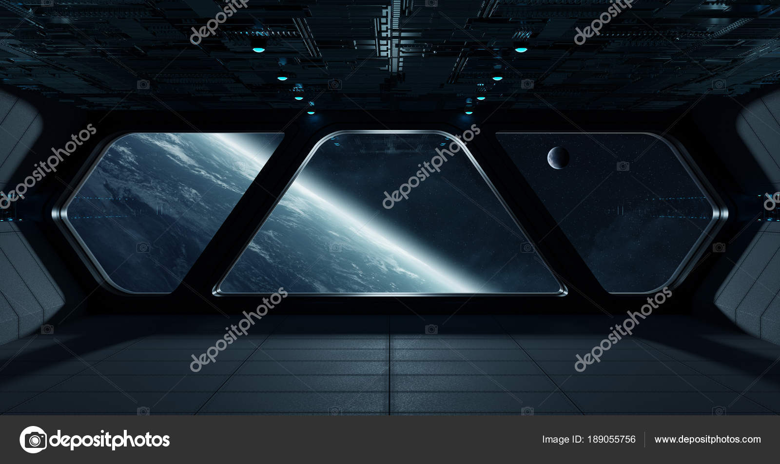Spaceship futuristic interior with view on planet Earth — Stock Photo © sdecoret #189055756