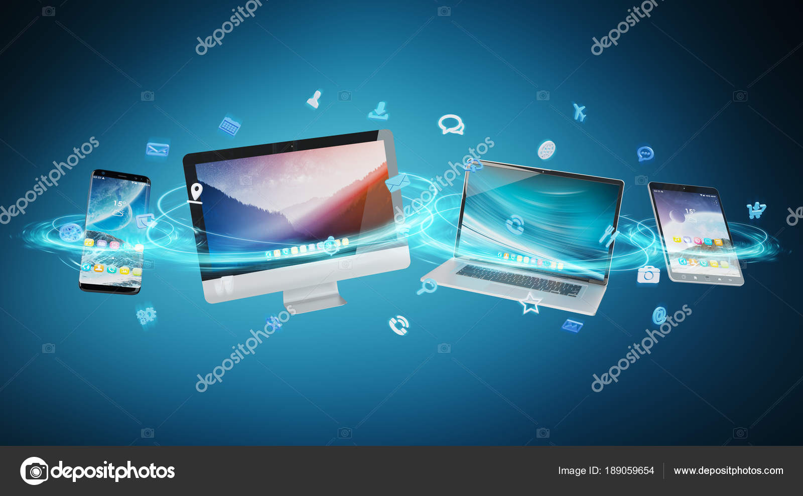 Tech devices and icons applications connected 3D rendering Stock Photo ...