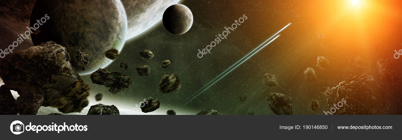 Panoramic view of planets in distant solar system 3D rendering e Stock ...