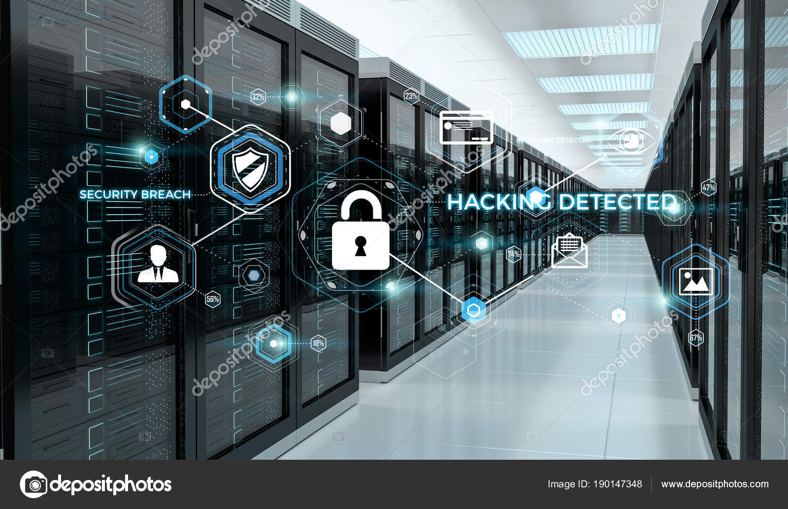 Firewall activated on server room data center 3D rendering Stock Photo ...