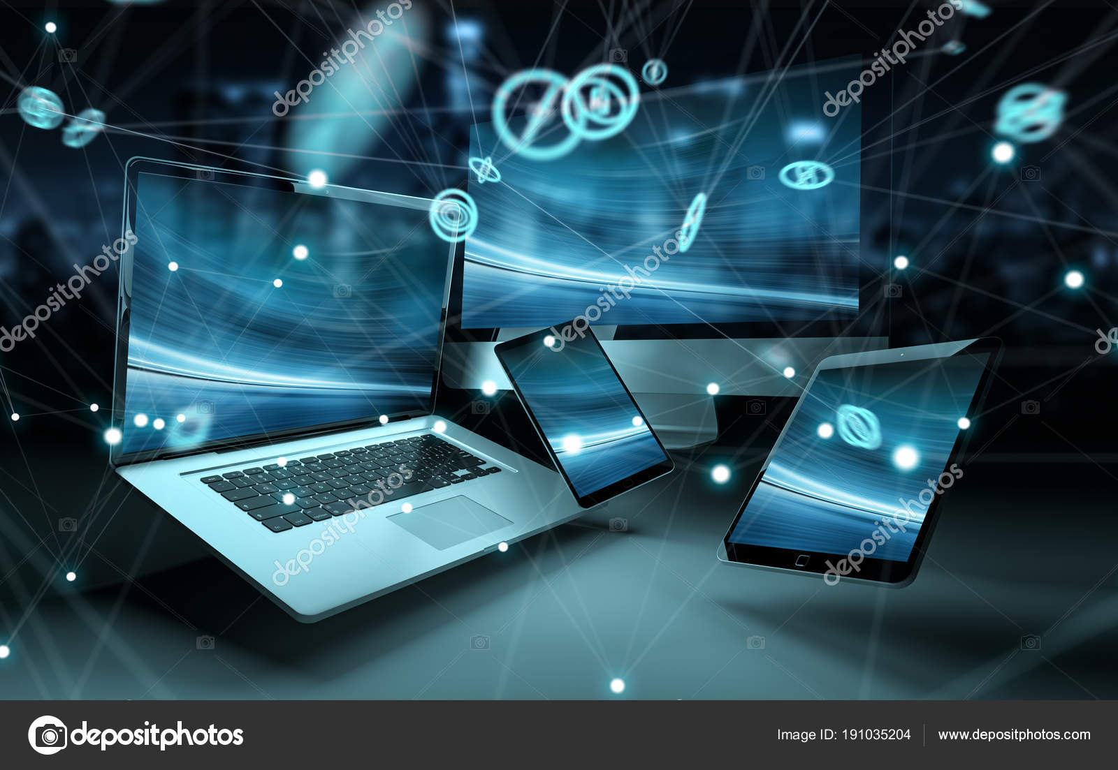 Modern digital tech device connected to each other 3D rendering Stock ...