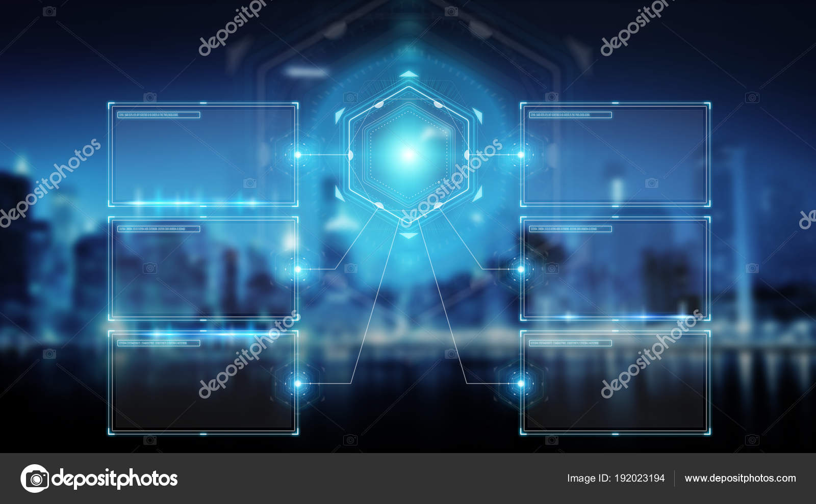 Digital screens interface with holograms datas 3D rendering Stock Photo ...
