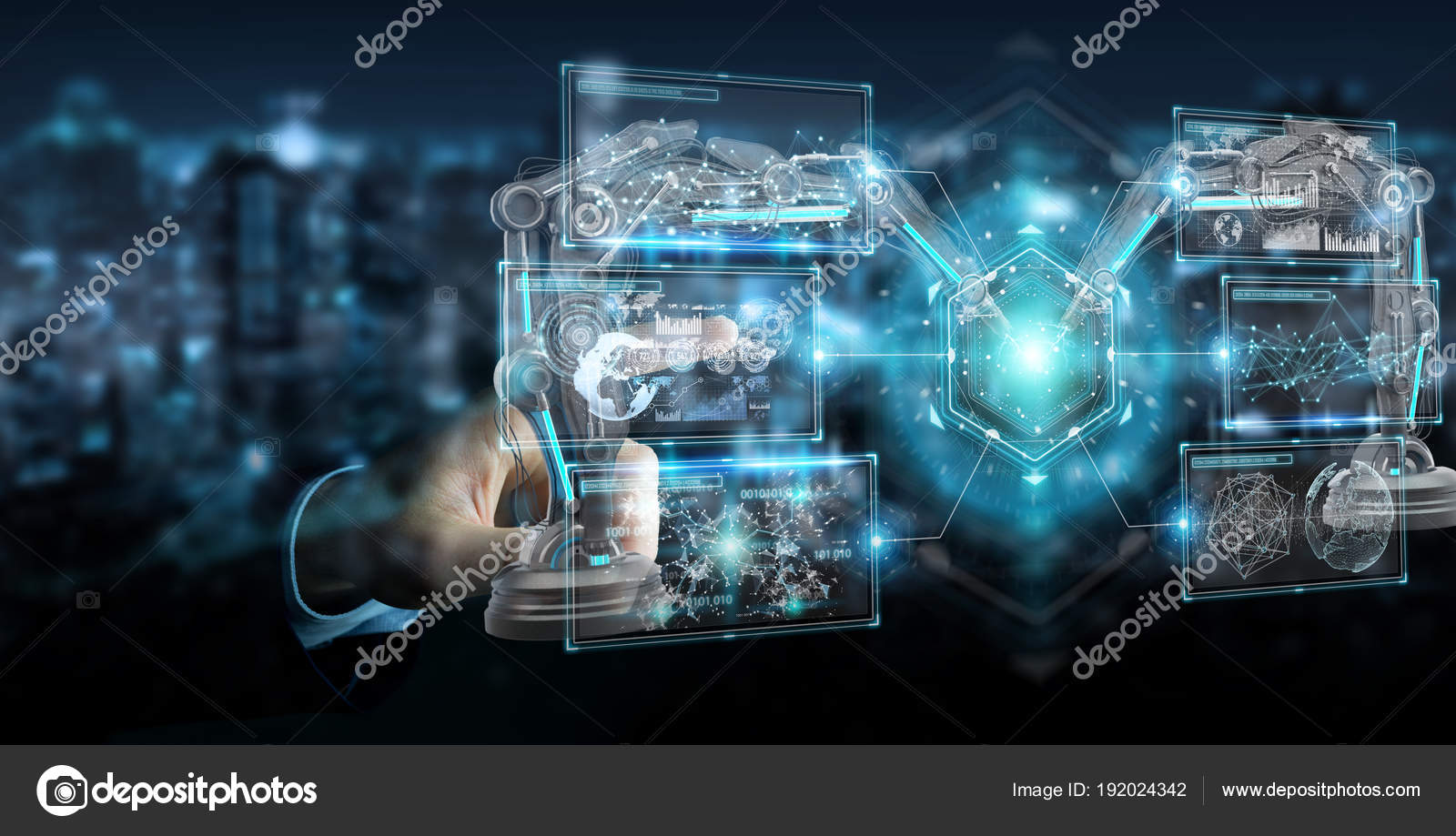 Businessman using robotics arms with digital screen 3D rendering ...