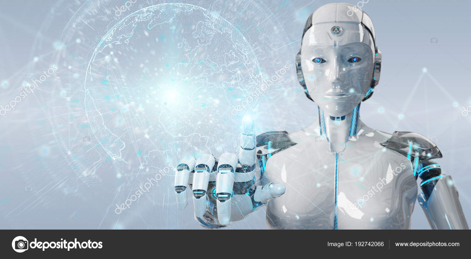 White woman cyborg using planet Earth interface 3D rendering Stock ...