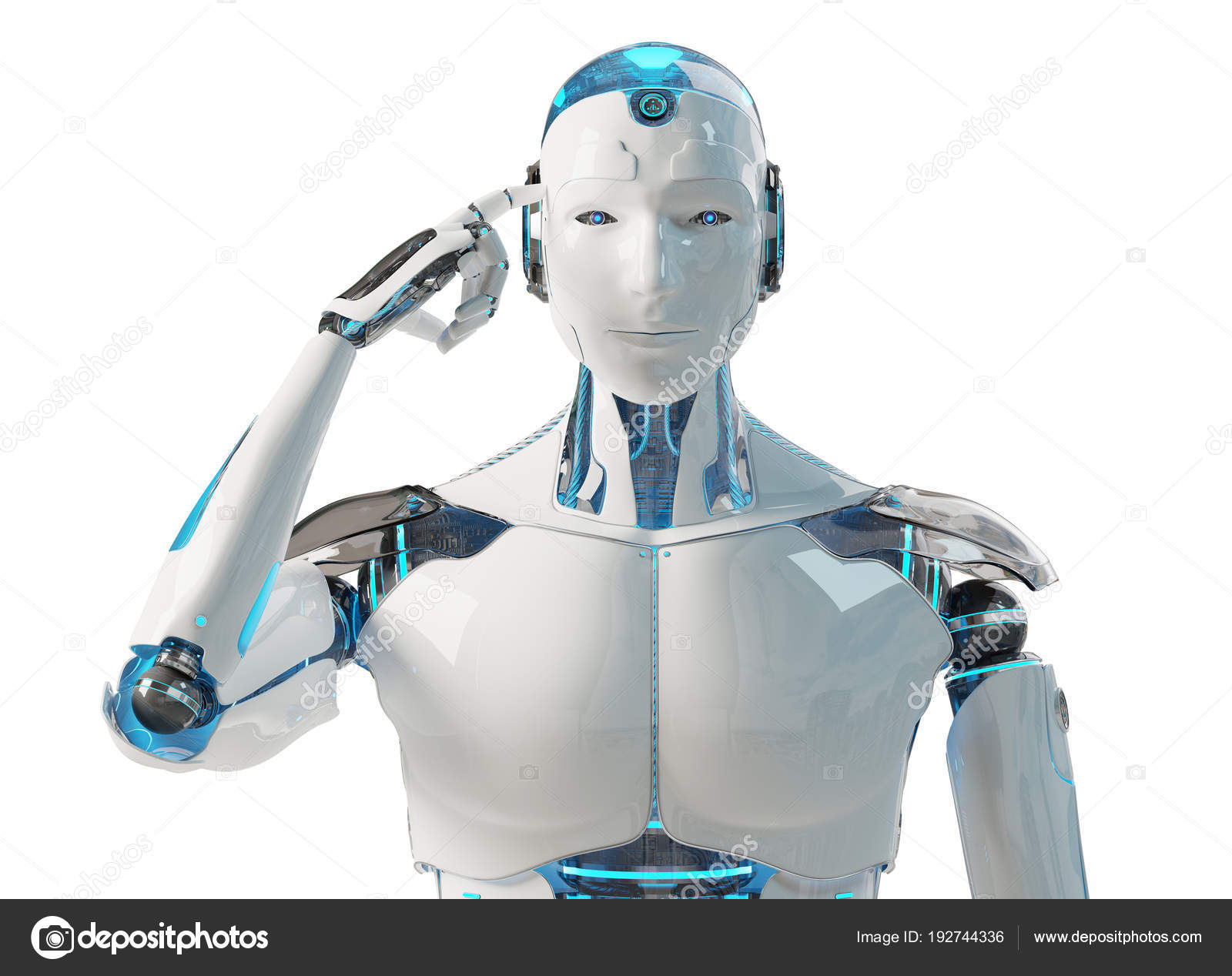 White male cyborg thinking and touching his head 3D rendering Stock ...