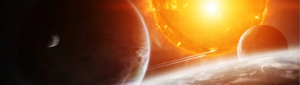 Exploding sun in space close to planet 3D rendering elements of - Stock ...