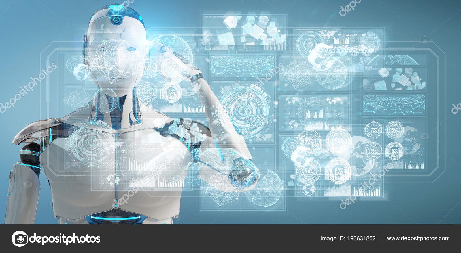 White male cyborg using digital datas interface 3D rendering — Stock ...