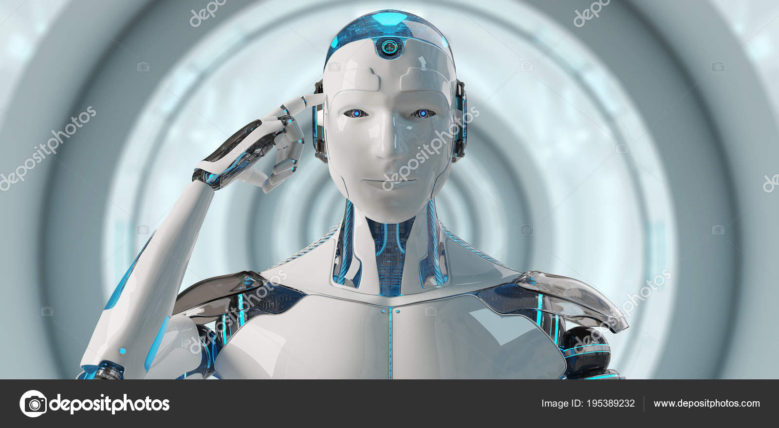 White male cyborg thinking and touching his head 3D rendering Stock ...