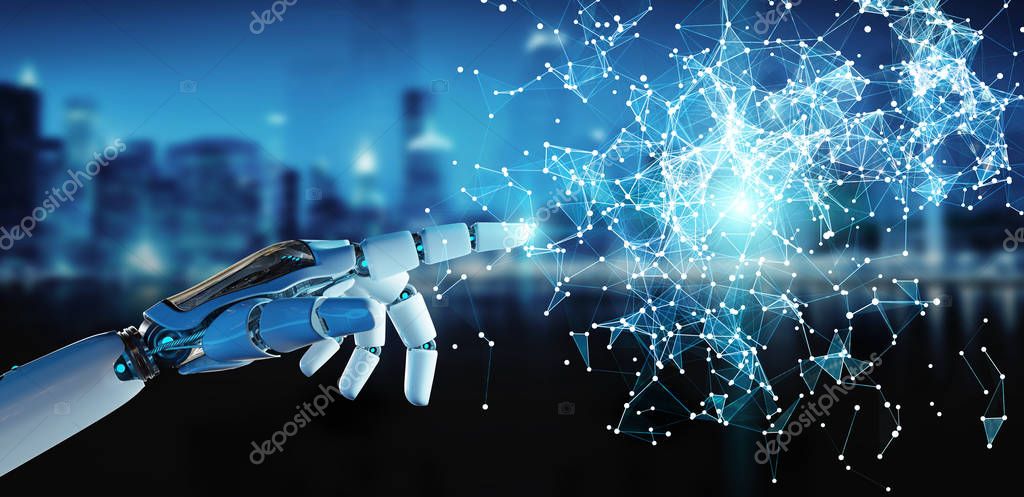 Mano humanoide blanca usando interfaz digital hud globo 3D renderi 2024