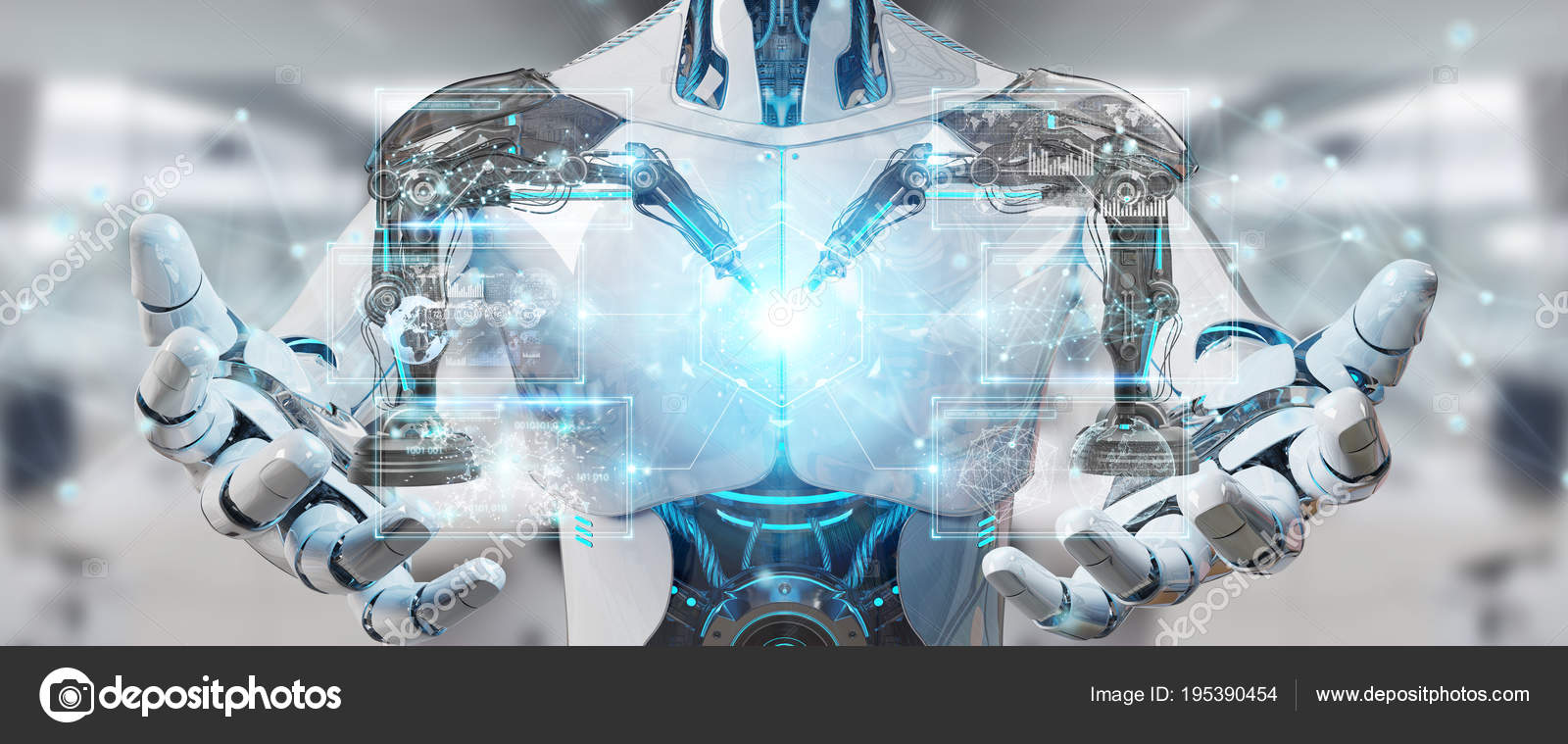 White man robot using robotics arms with digital screen 3D rende Stock ...