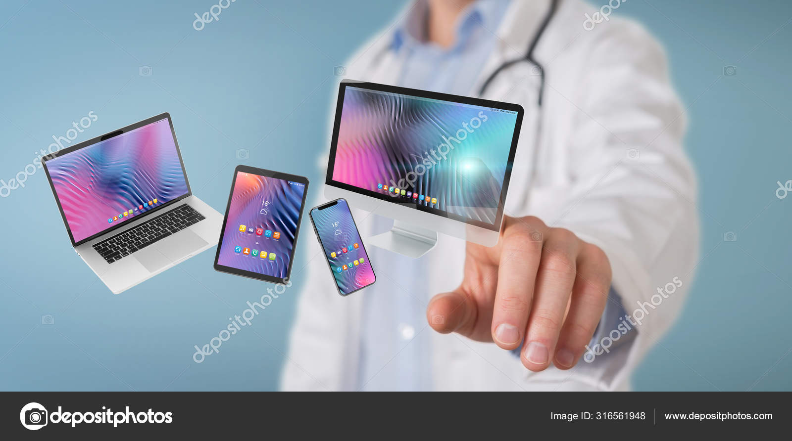 Scientist connecting modern smartphone tablet laptop and compute Stock ...