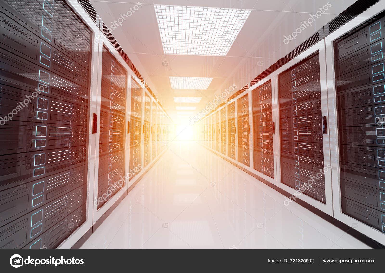 White servers data center room with bright halo light through th Stock ...